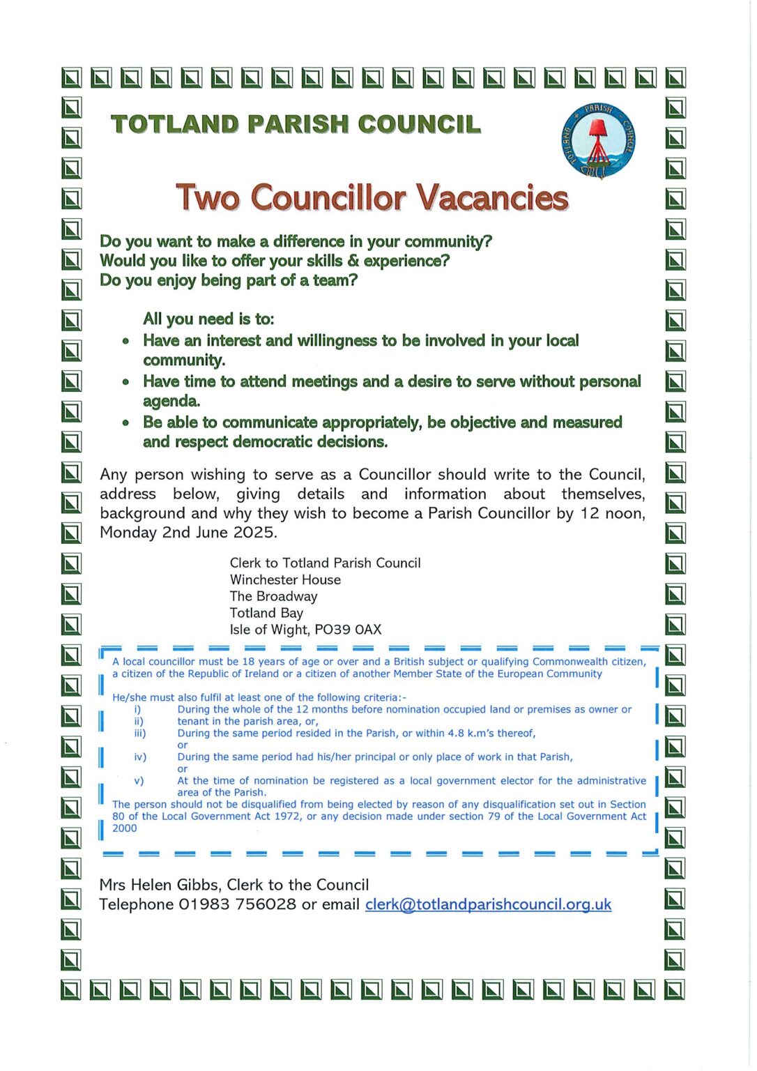 Totland Parish Council, Isle of Wight » Parish Council Vacancy